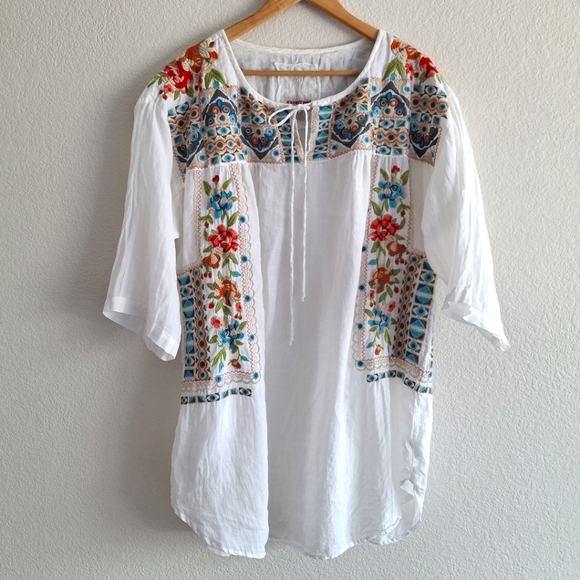 Johnny Was | Tops | Johnny Was Tie Front White Floral Embroidered Tunic ...